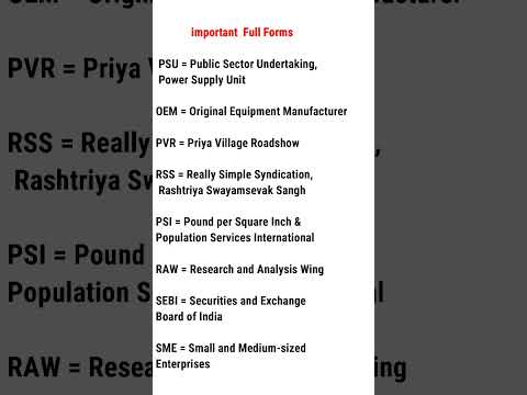 full form of PSU OEM PVR RSS PSI RAW SEBI SME | important full form