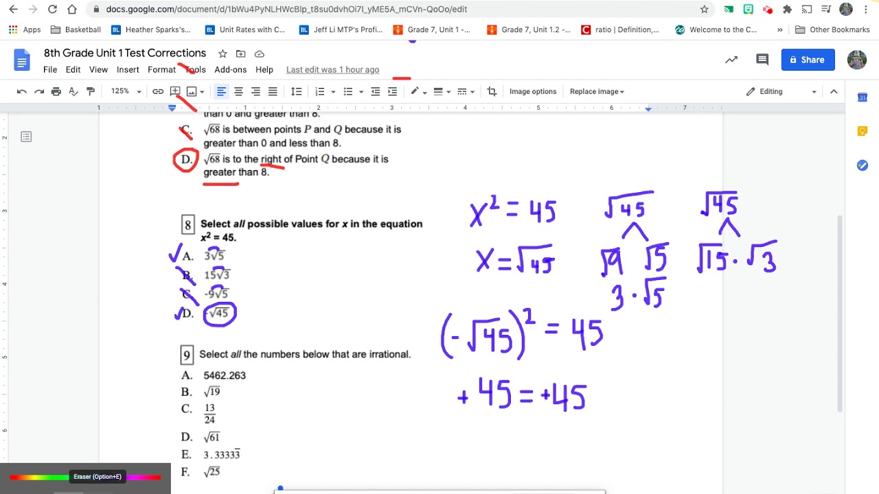 8th Grade Unit 1 Assessment Corrections