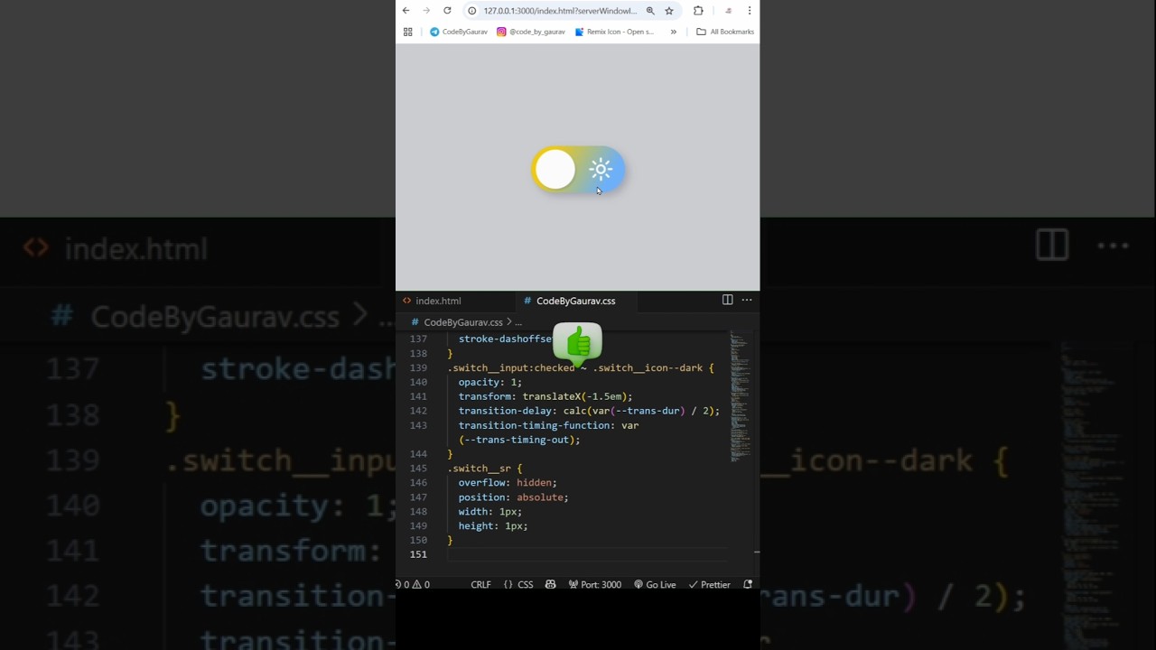 🌗 Dark/Light Mode Toggle Button using HTML CSS & JS  #webdevelopment #coding #htmlcssjs #shorts