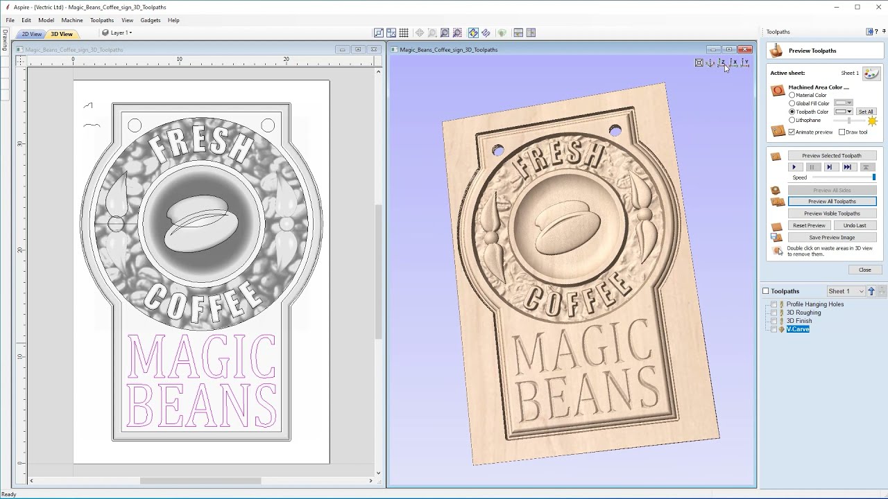 Magic Beans Coffee Sign - 3D Toolpaths | Vectric V11 Tutorials