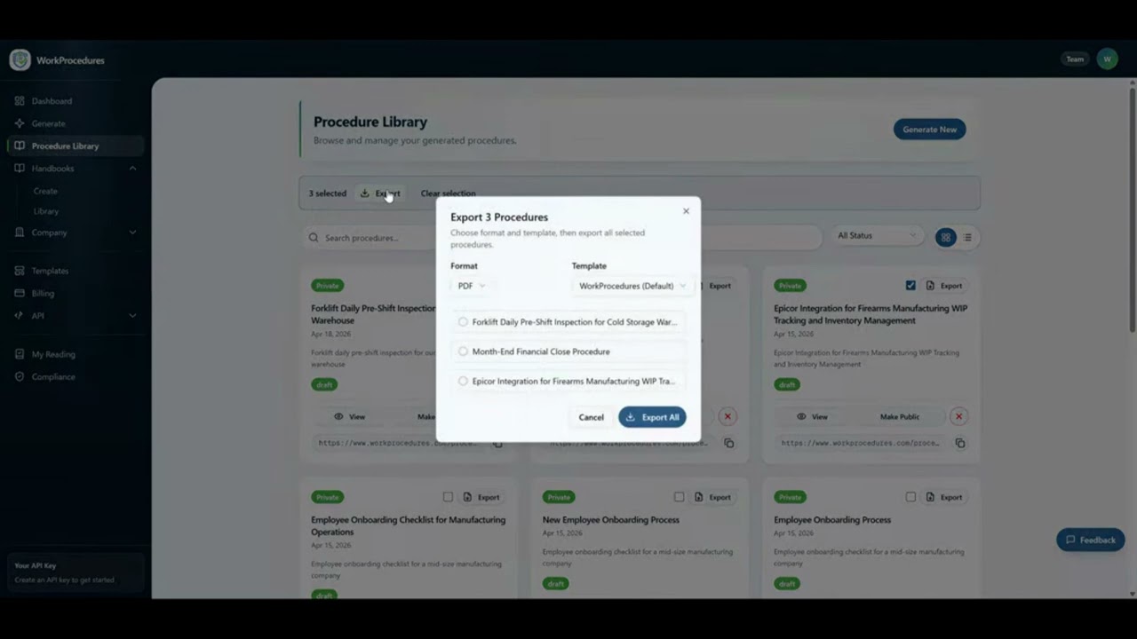 Exporting procedures and handbooks to PDF or Word doc