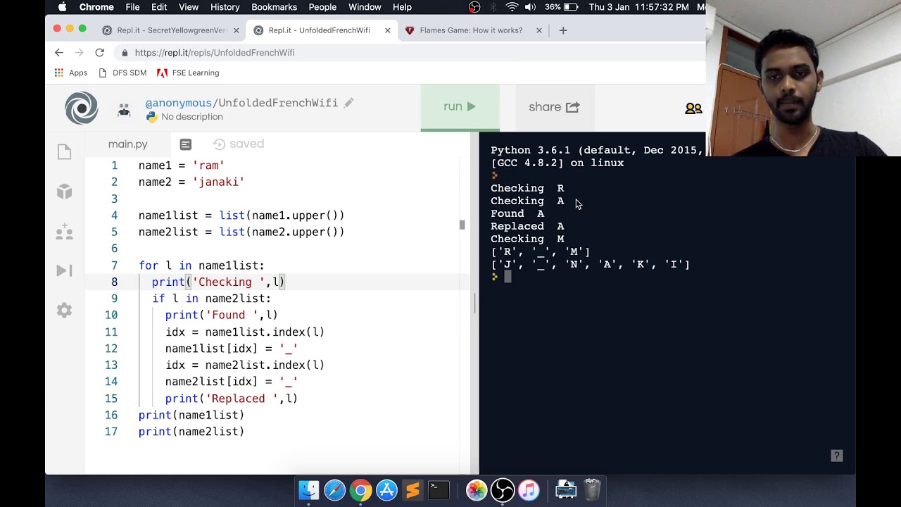 Writing Python program for FLAMES game | yusy4code