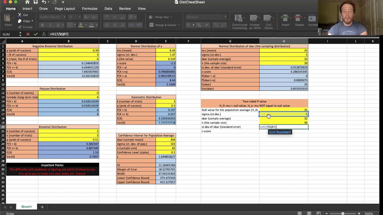 Excel Tutorial: cheat sheets hypothesis testing