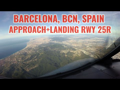 Barcelona airport, BCN / LEBL, Spain, Approach and landing runway 25R. Cockpit view. With ATC. 4k