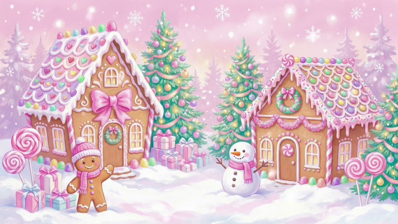 Animated Pink Candyland Christmas Wallpaper, Pastel Gingerbread Village Screensaver Holiday Ambience