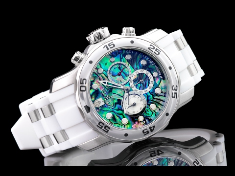 Invicta 24839 48mm Pro Diver Scuba Abalone Dial Quartz Chronograph White Strap Watch