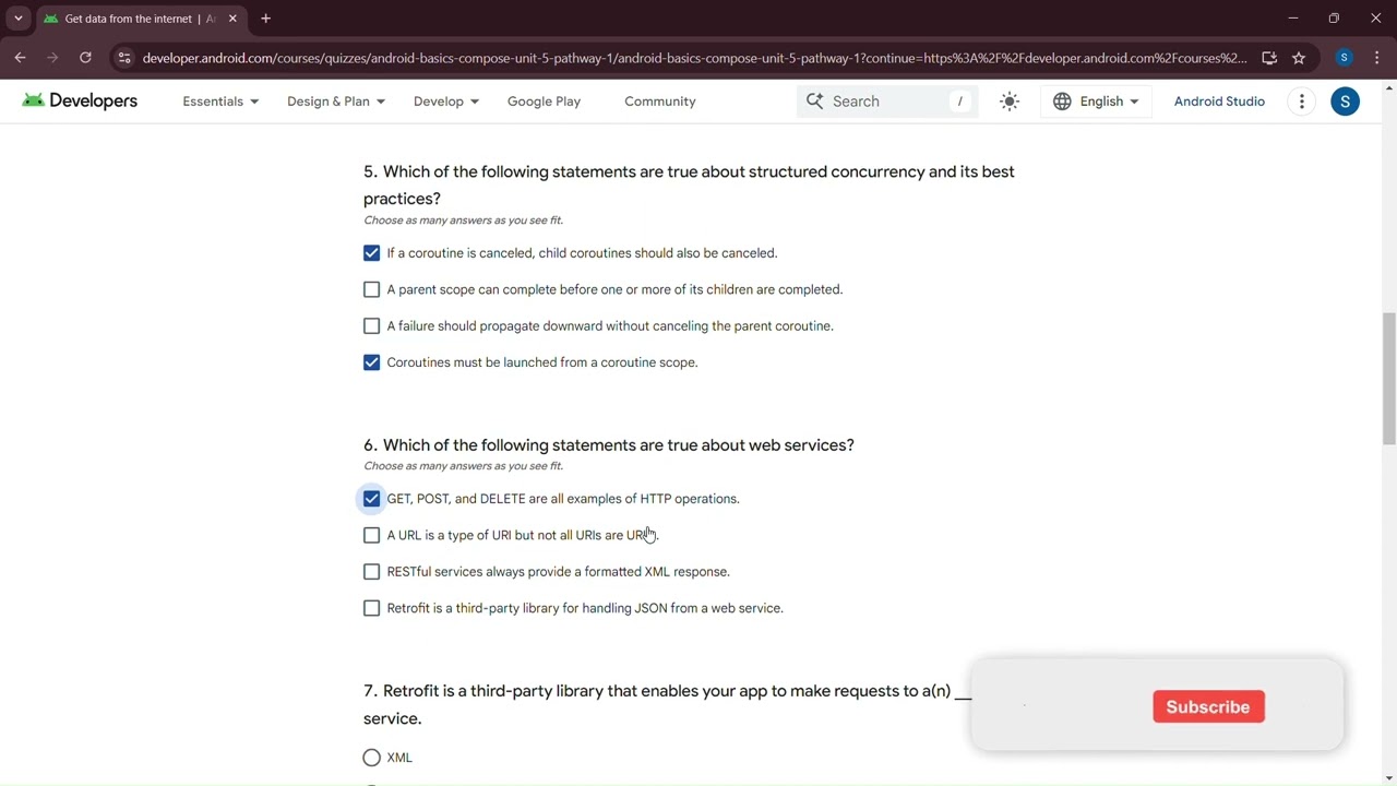 Unit - 5 Get data from the internet  Quiz || Google Android Developers