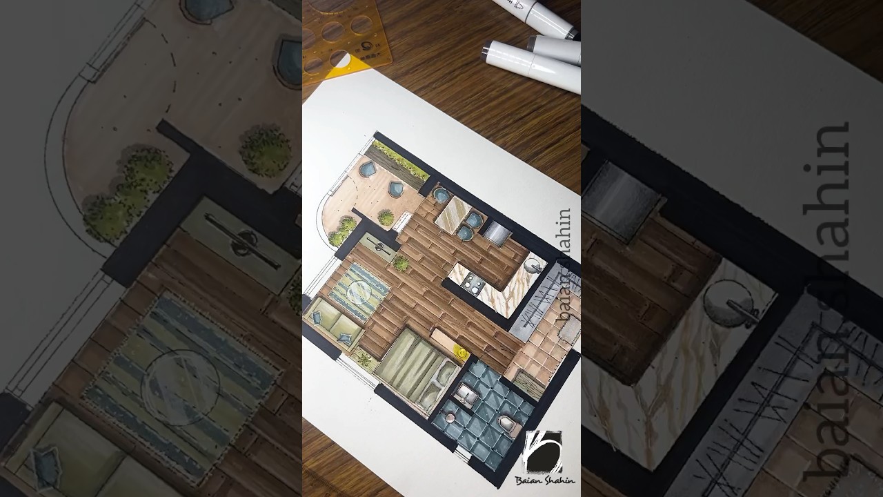 Architectural plan rendering - alcohol markers.
