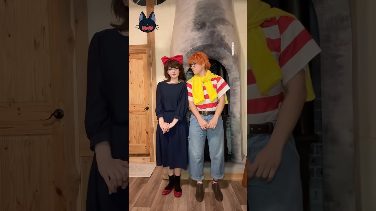 Kiki & Tombo cosplay at a Ghibli themed Airbnb 🐈‍⬛ #kikisdeliveryservice #studioghibli #cosplay