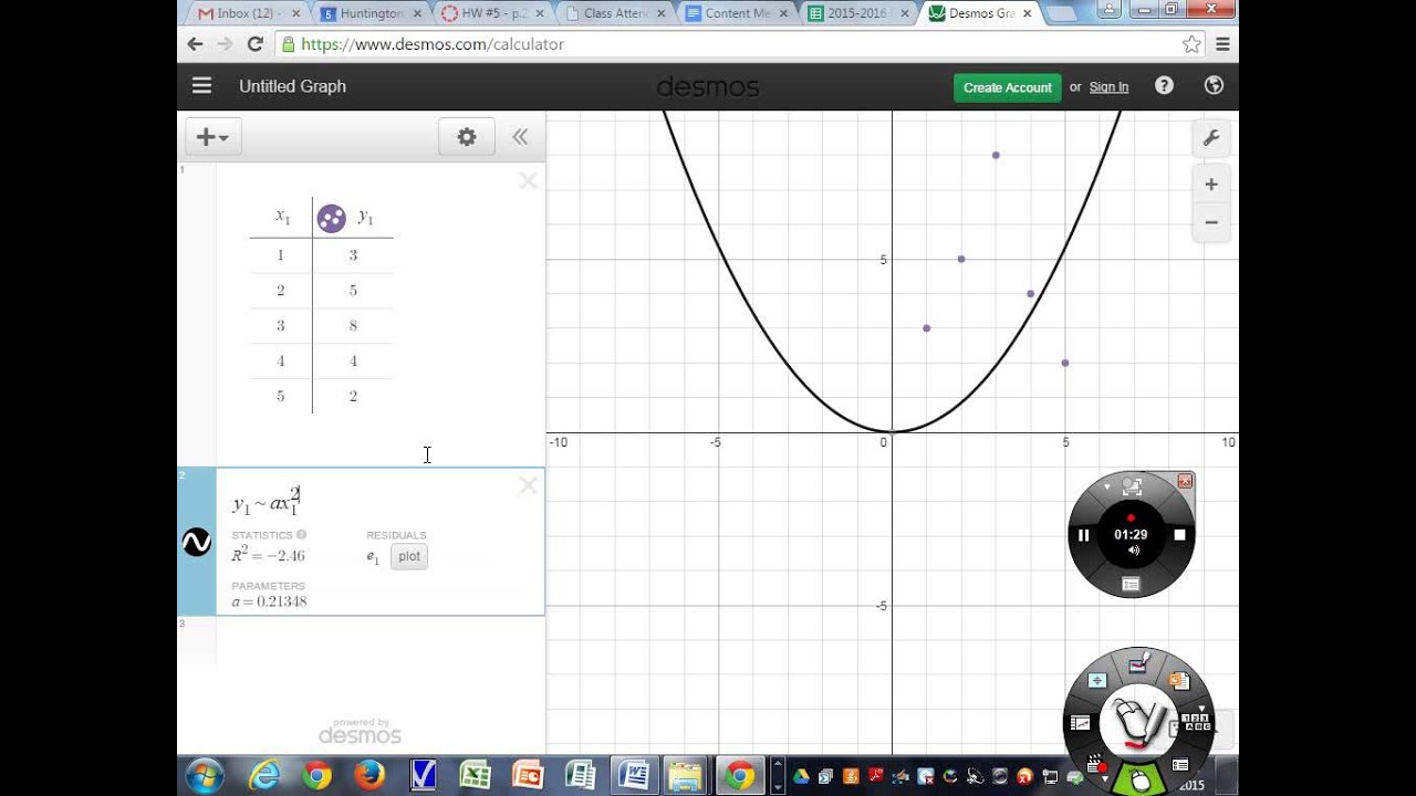 desmos quadratic regression example