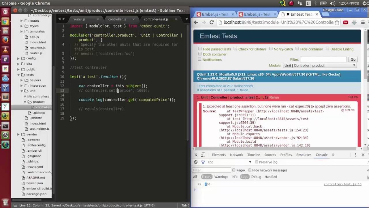 emberjs  test - controller unit testing - equals