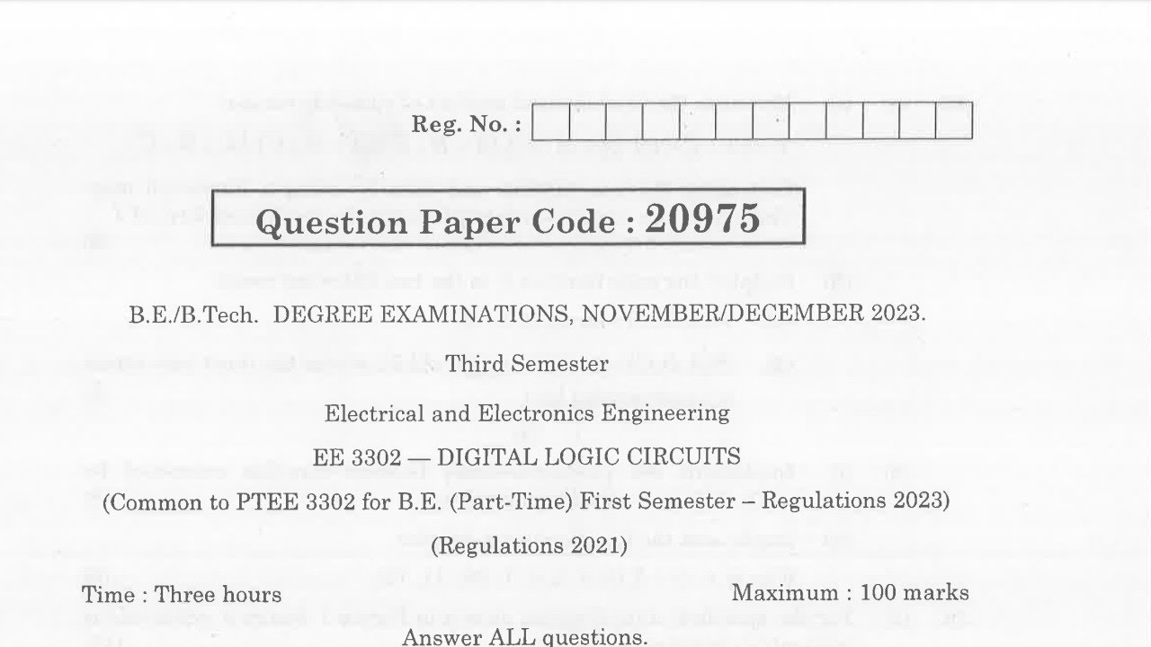 EE3302 | Digital Logic Circuits | Nov Dec 2023 | Anna University | Questions