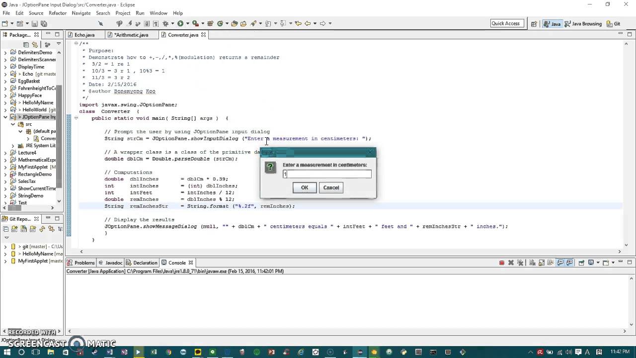 Chapter 2.3 JOptionPane Input dialog (Eclipse)