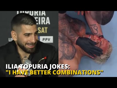 Ilia Topuria reacts after KO'ing Charles Oliveira at UFC 317