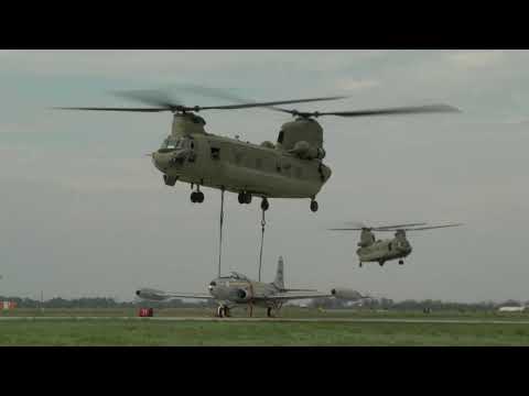 U.S. Army Chinook Sling Loads and Delivers an F-80 fighter jet