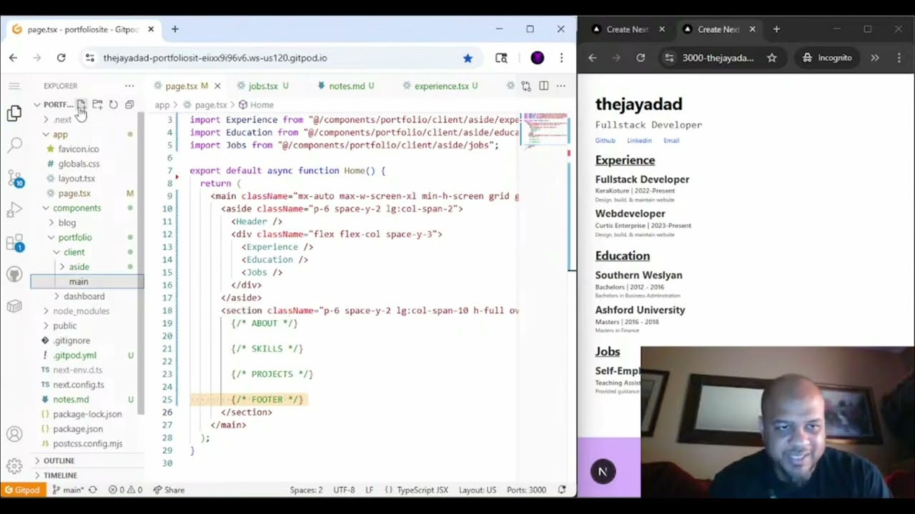 Github Vercel Nextjs15 Gitpod | building homepage components | portfolio deployment
