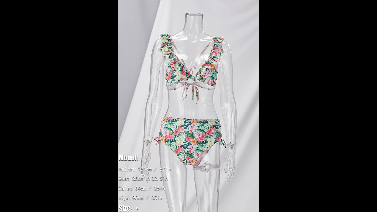 Girlmerry New flower & flamingo batch printing removable padding ruffle tied sexy high BA006593