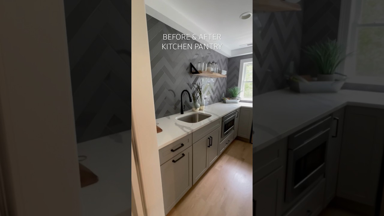 Because who doesn’t love a pantry😍 a mix of matte and glossy chevron backsplash tile in charcoal