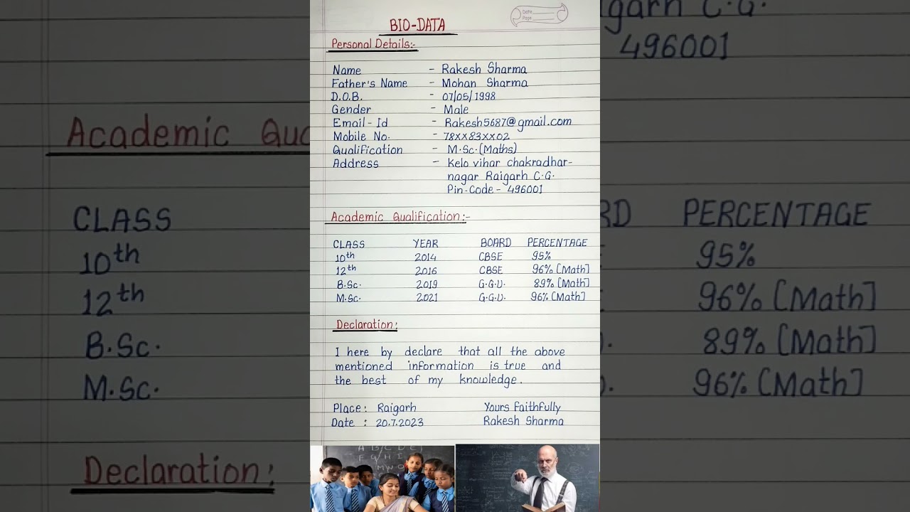 Resume / Biodata for teacher job ( for government and private teacher )