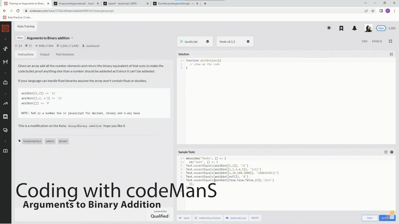 Codewars 8 kyu Arguments to Binary Addition JavaScript