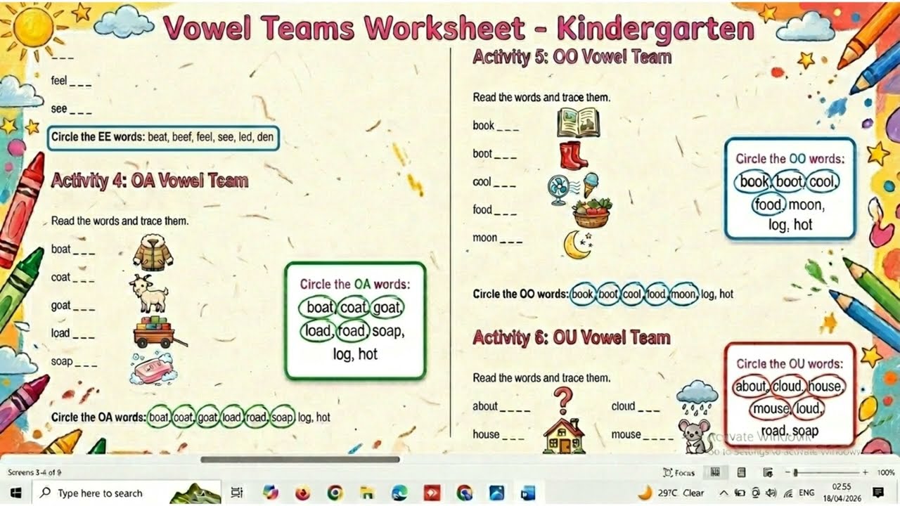 Vowel Teams Worksheet Explained | AI, EE, OA Phonics Practice for Kids