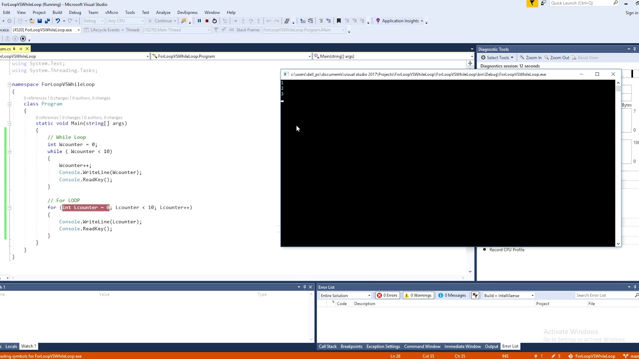 Visual Studio C# For LOOP VS While LOOP