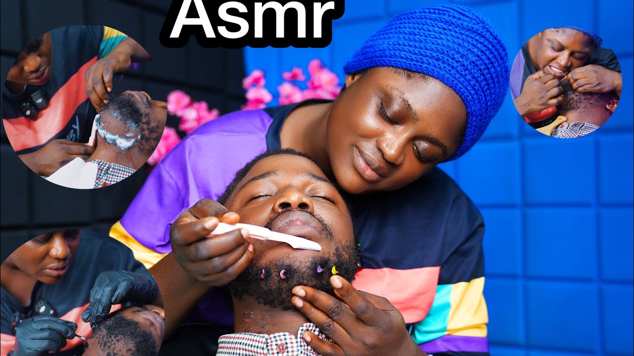 ASMR BEARD SHAVING SOUND,INGROWN HAIR PULLING,beard knotting and removal with teeth,Neck massage