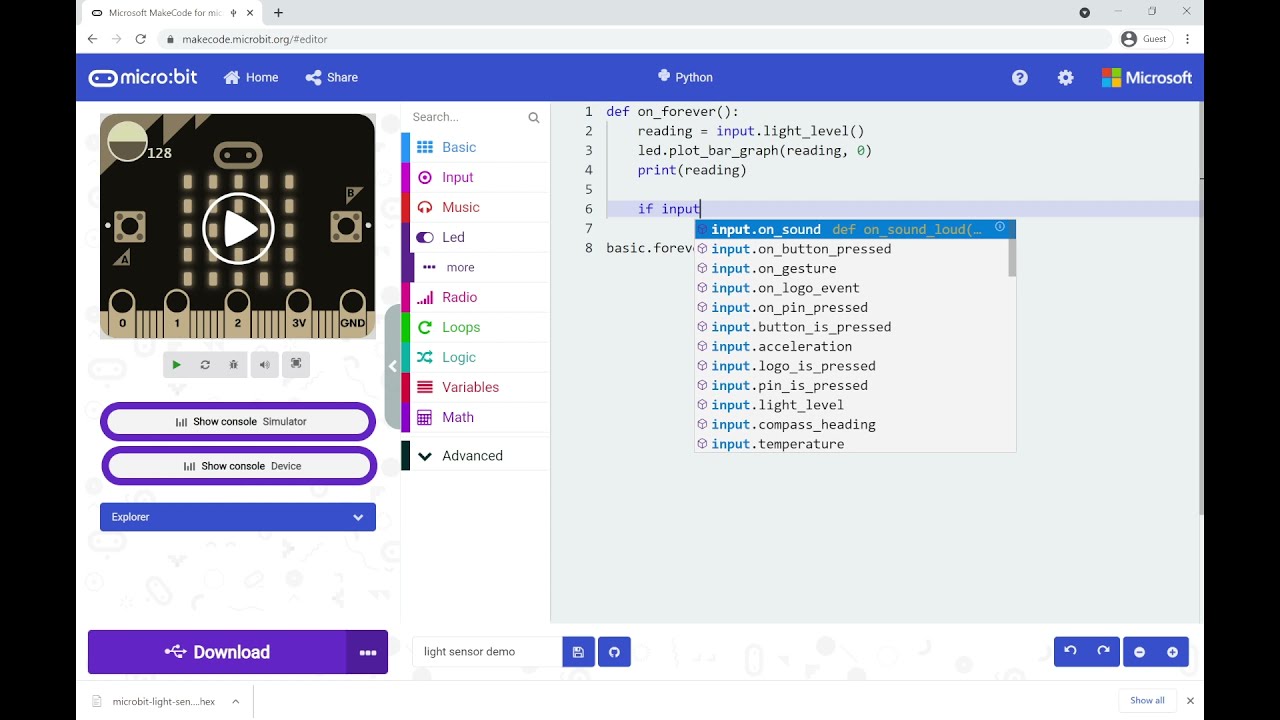 Using the microbit light sensor with makecode Python