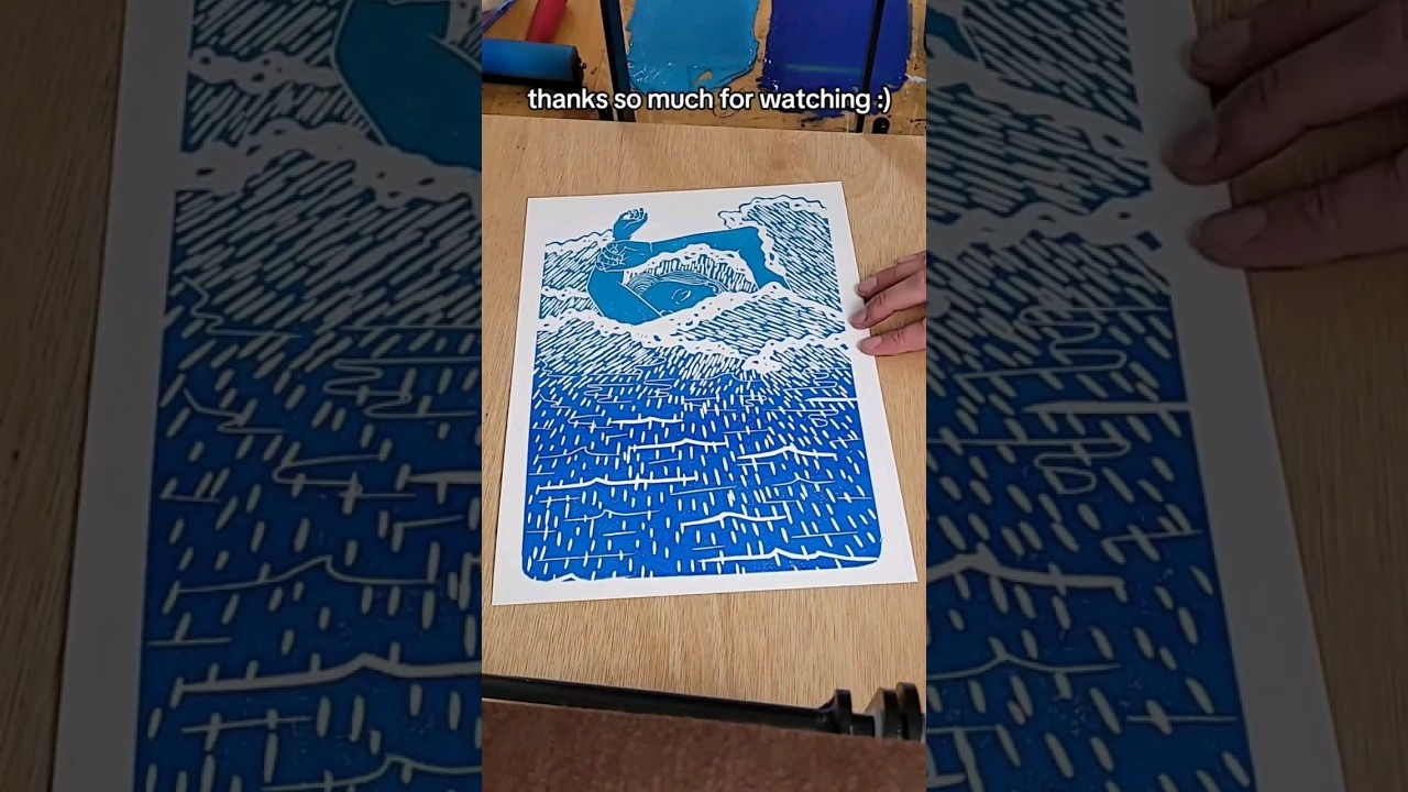 printing a lino-cut! #shorts #art #linocut #printmaking #waves #mermaid #surf