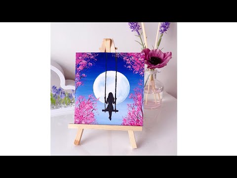 Easy Painting Technique || Alone Girl swinging in the beautiful moonlit night || Painting