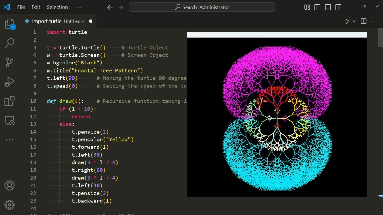 Fractal Tree Animation using Python Turtle | Recursive Turtle Graphics Art | @geekbyte01