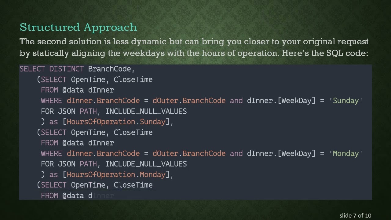 Normalize Business Hours Data into JSON Object Using SQL Server