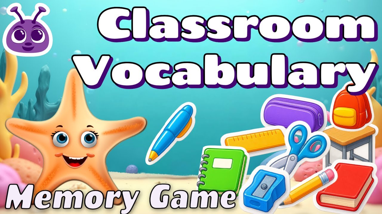 Classroom objects vocabulary. English for kids. Back to school. What’s missing? Memory game. 
