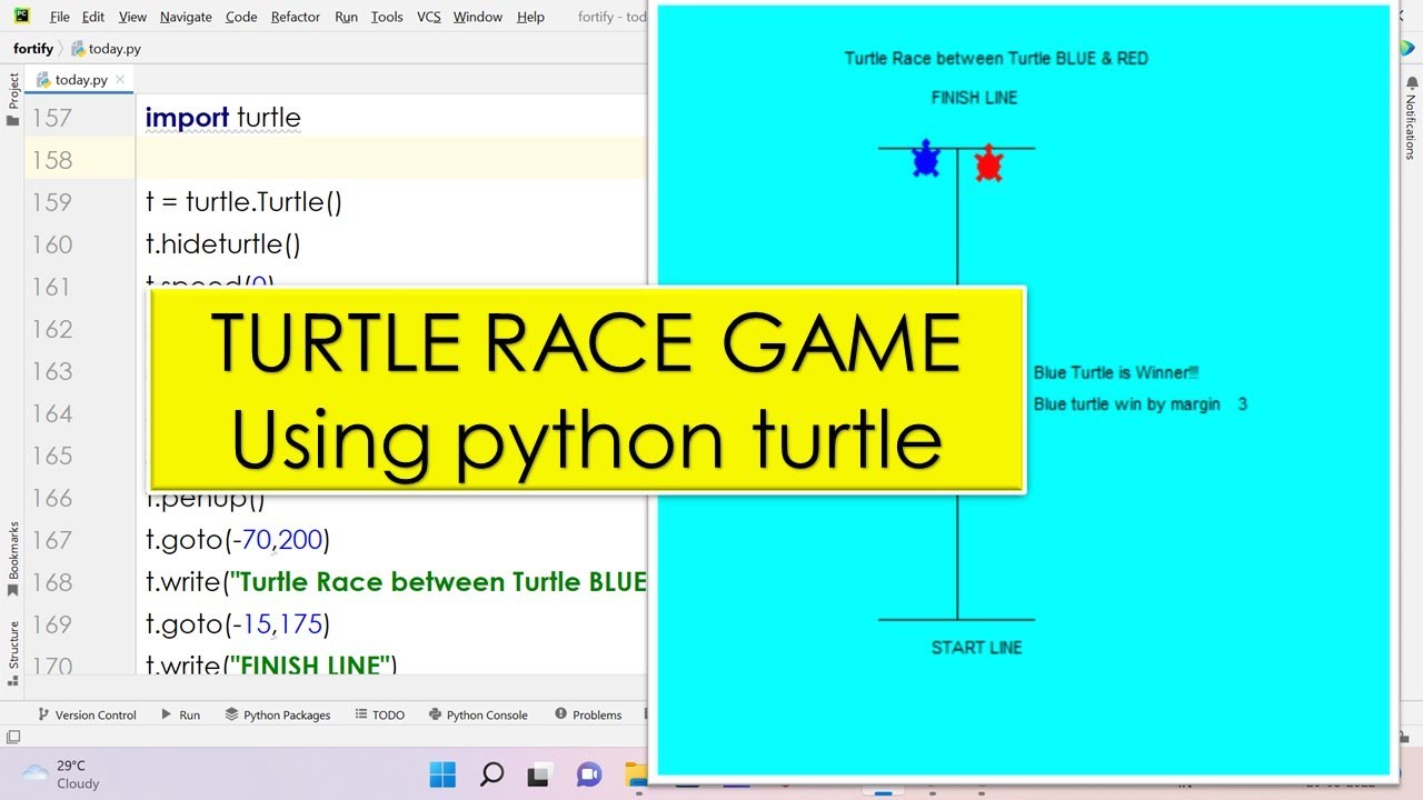 Turtle Race Game using python turtle | python turtle for beginners | python turtle project | fortify