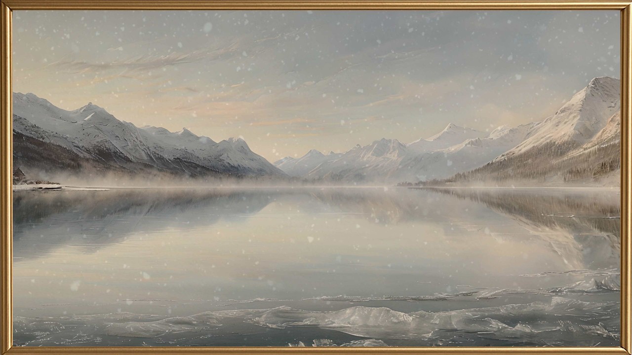 Alpine Reflection in 4K - 4 Hour Snowfall Mountain Lake Art