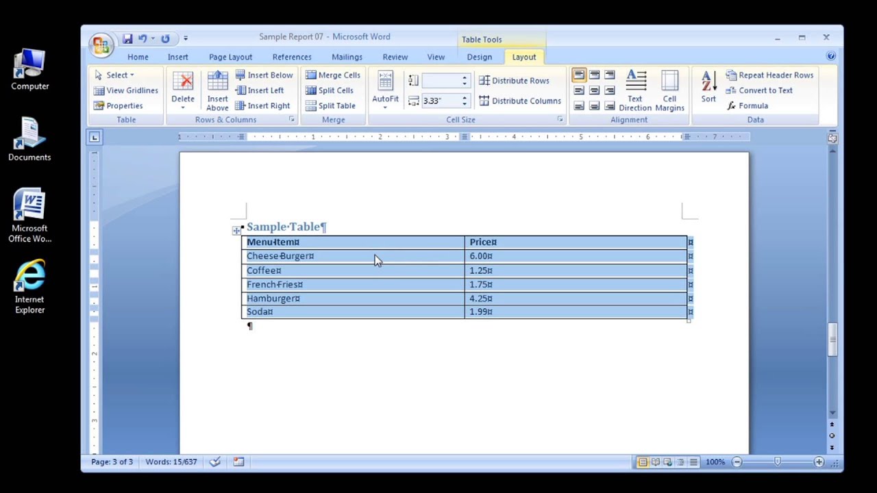 Microsoft Word 2007 Sorting the rows of a table