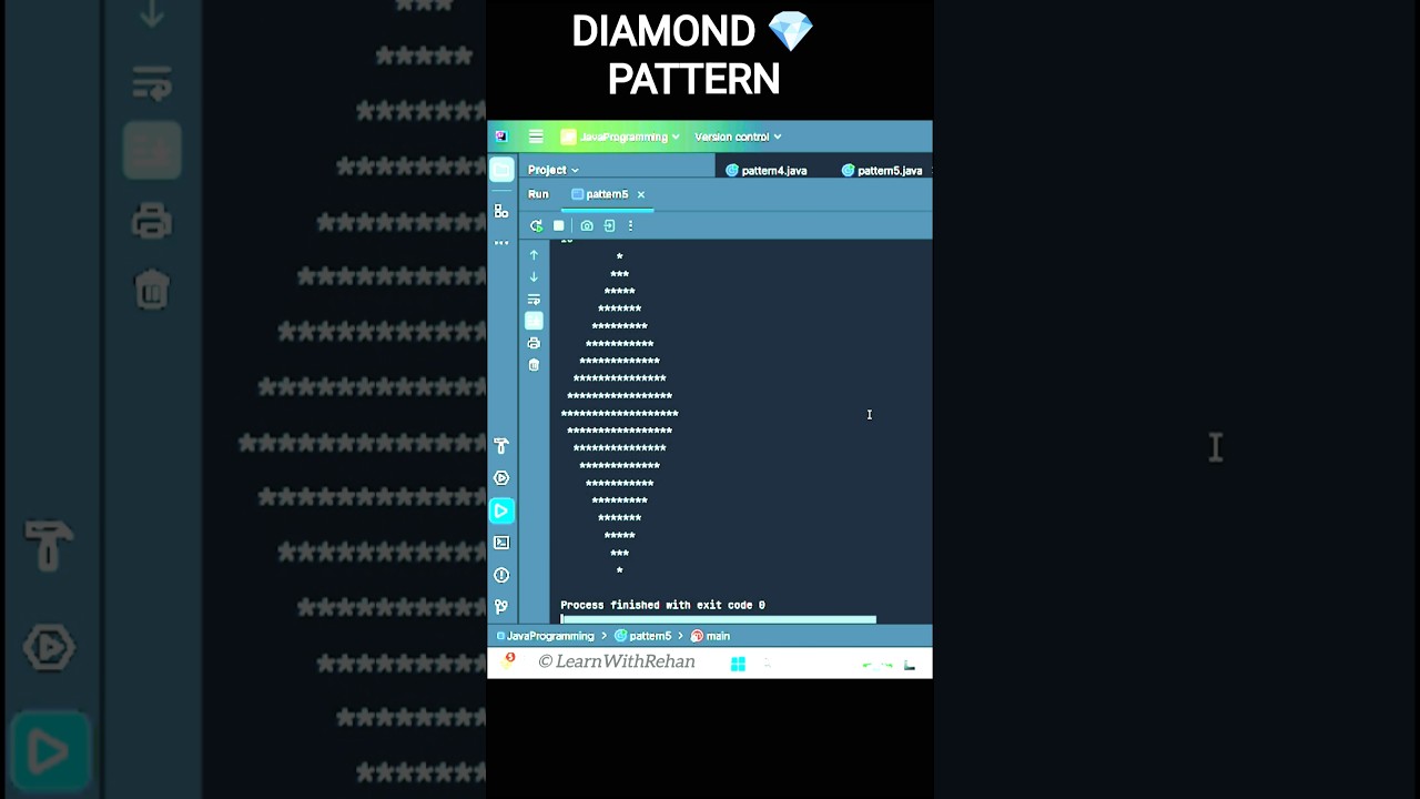 Diamond Pattern Program in Java | Star Pattern Tutorial#java #coding #diamond #pattern #shorts