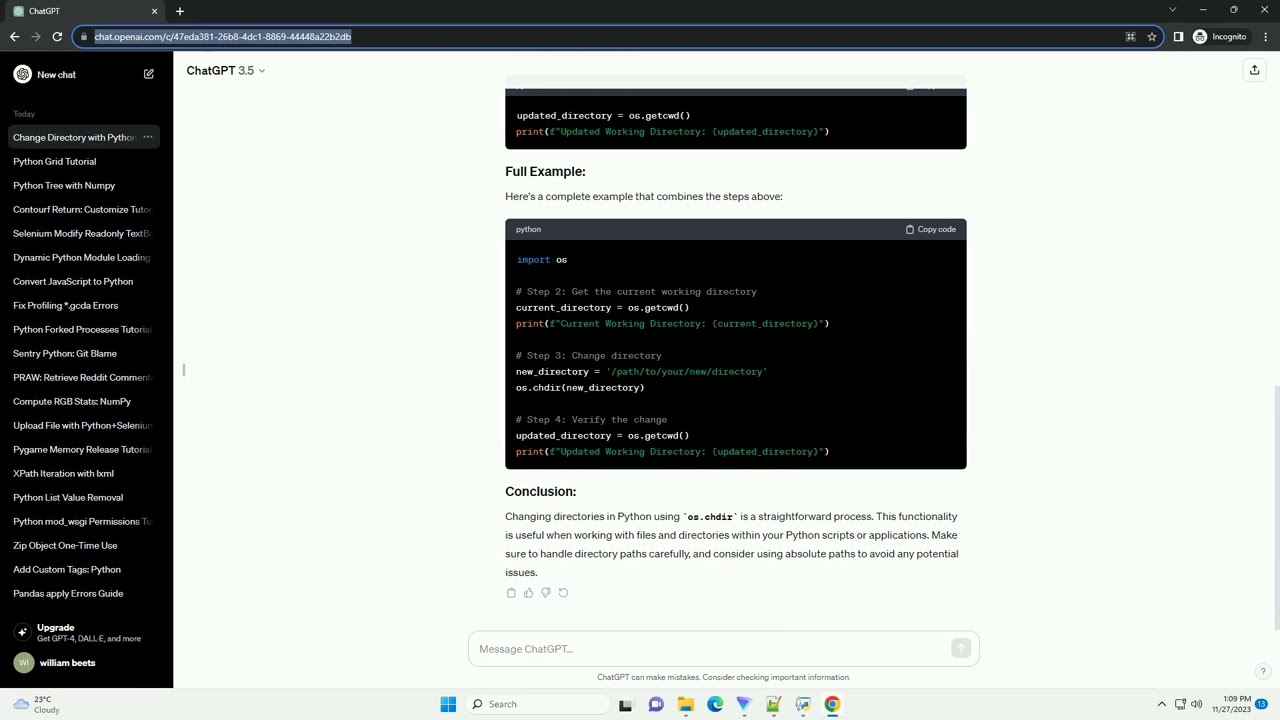 changing directory with python and os chdir