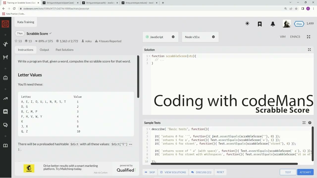 Codewars 7 kyu Scrabble Score Javascript