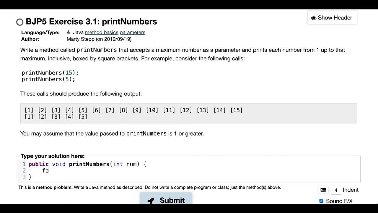 Exercise 3.1 (printNumbers) Java Tutorial || Practice-It