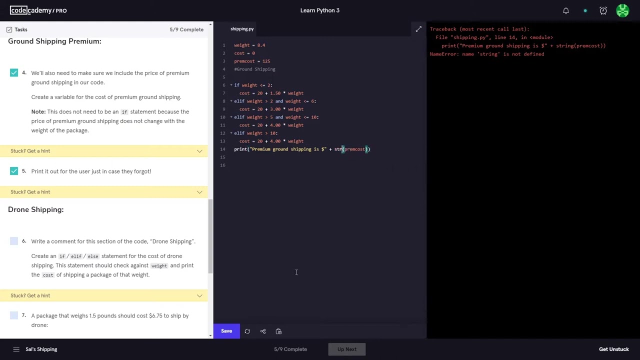 Sal's Shipping Python Project - Codecademy Python 3