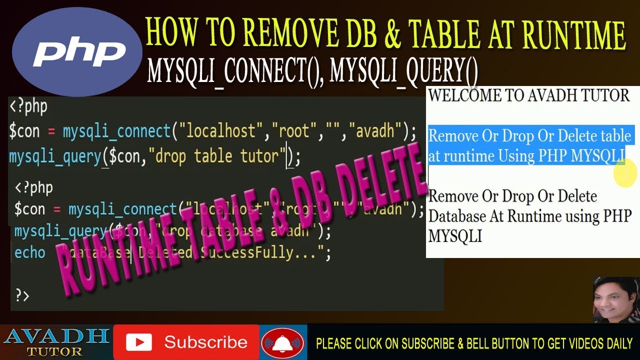 drop database table dynamically using php mysqli | remove table and database in php mysqli
