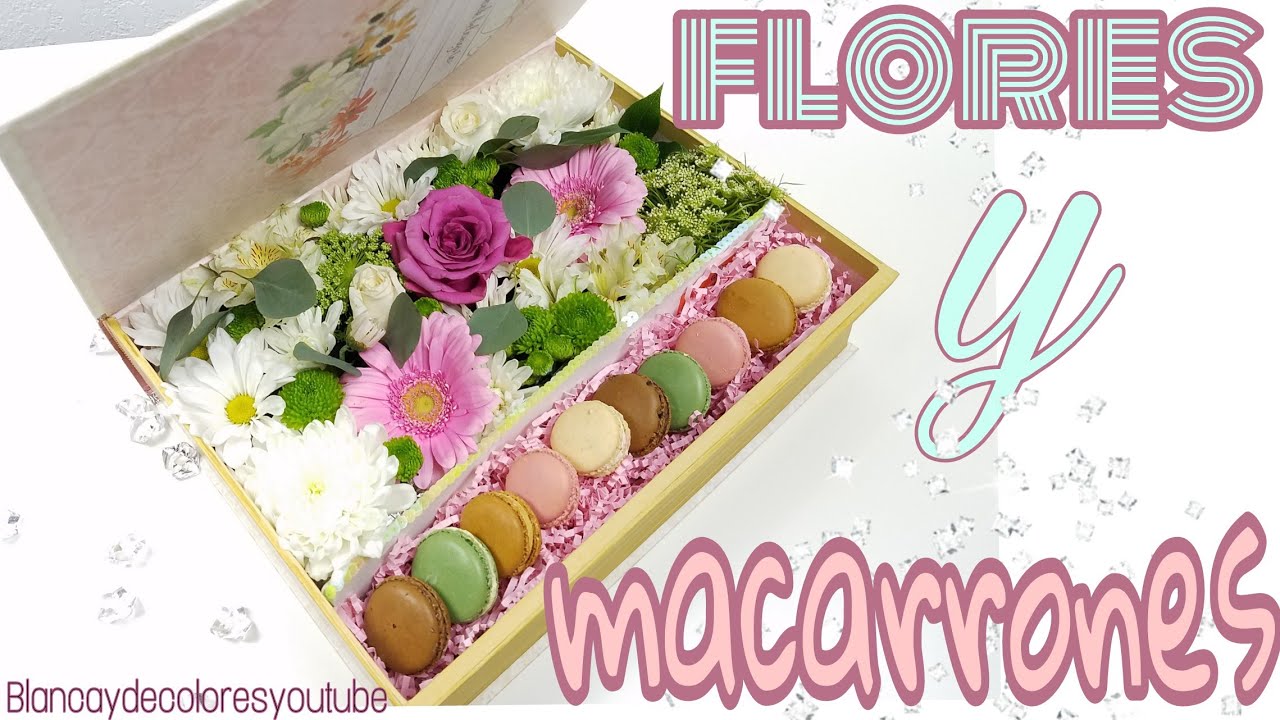 Caja de flores y macarrones /arreglo floral en tendencia 2018