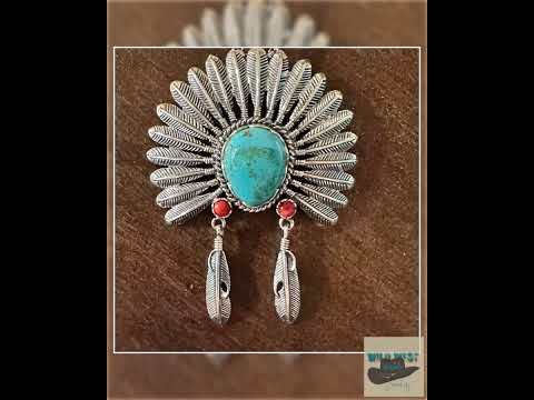 Native American Navajo Headdress Turquoise Necklace, Genuine Sterling Silver & Turquoise Stone, G...