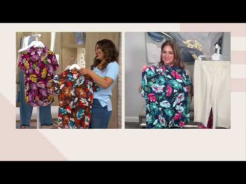 Denim & Co. Tropical Palm Printed Dolman Short Sleeve Collared Top on QVC
