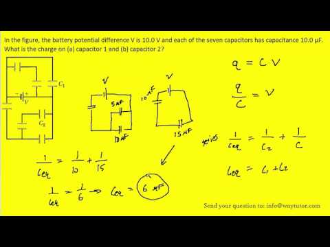 In the figure the battery potential difference V is 10.0 V and each of the seven capacitors
