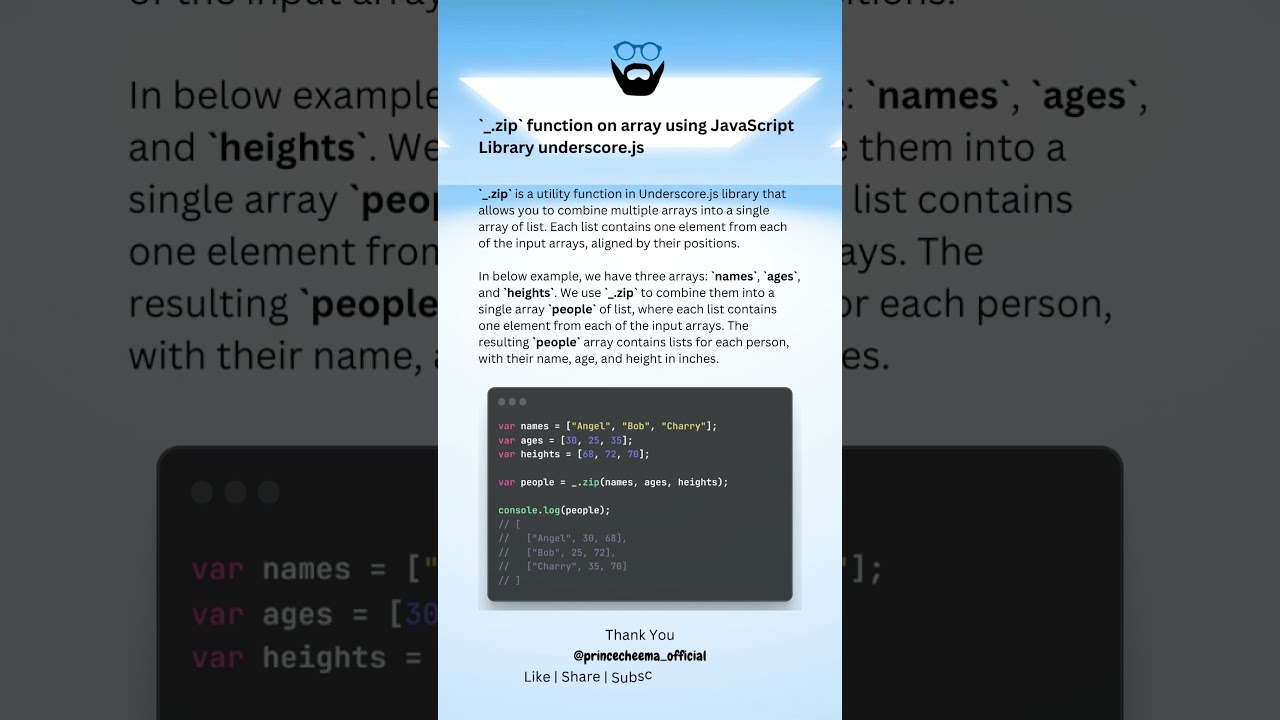 `_.zip` function on array using JavaScript Library underscore.js ( #shorts )