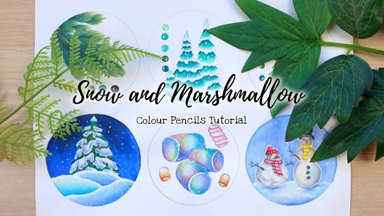 how to colour winter things for adult colouring books \ snow, snowman and marshmallows ❄️ ⛄️ 🍭