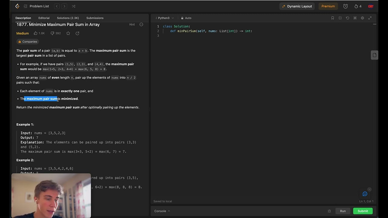Minimize Maximum Pair Sum in Array | 1877 Leetcode | Python3