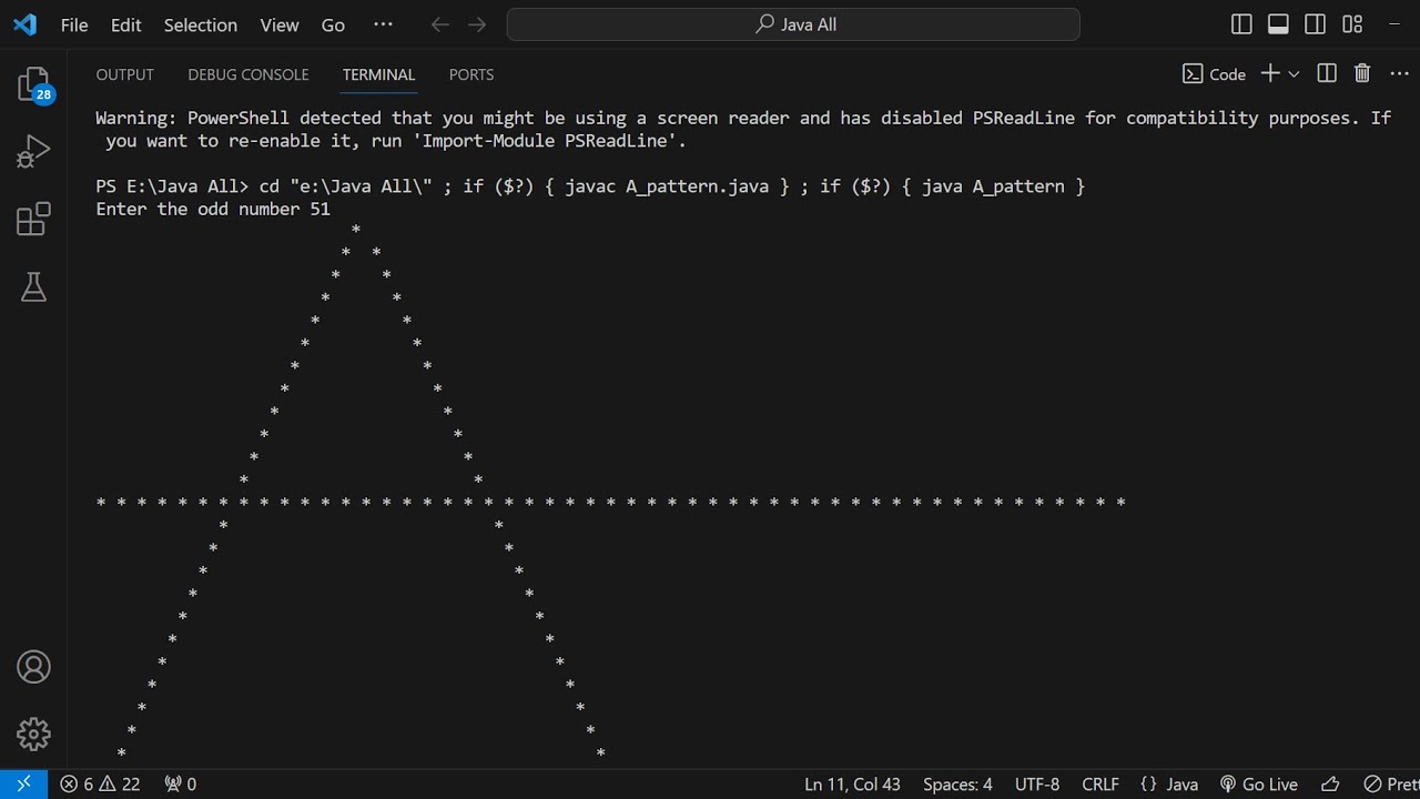 Java Program A Pattern User Input For Visual Studio Code (VS Code) #coding
